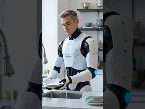 Futuristic Male Humanoid Robot Washing Dishes in Modern Kitchen #robots