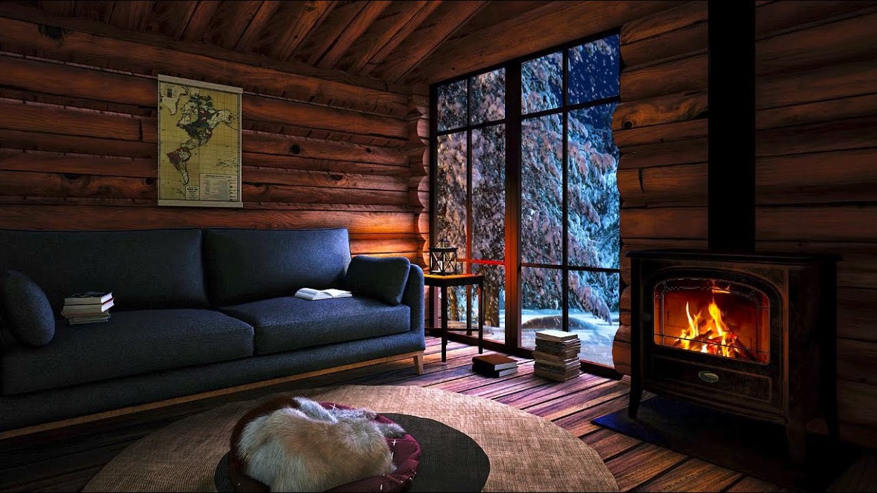 🔥 Small house in the forest, the sound of a burning fire and a blizzard ...