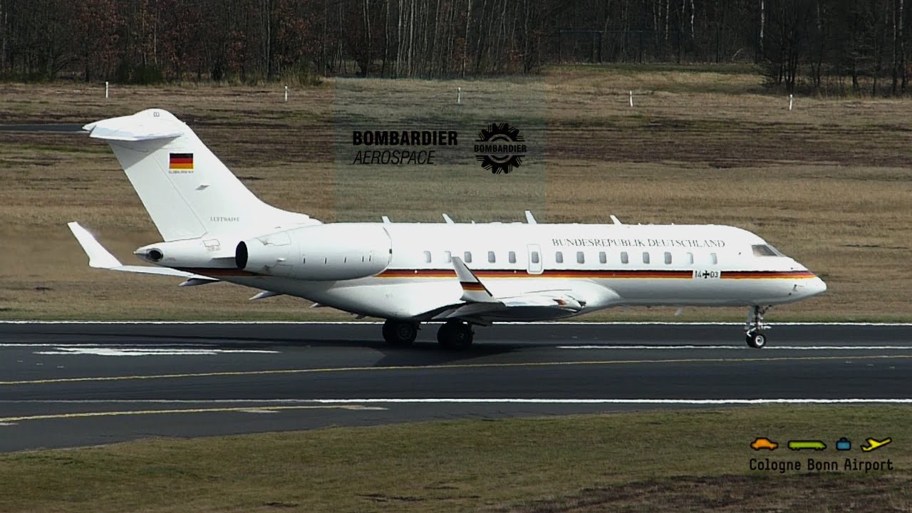 2 German Airforce Bombadier Global 5000 takeoffs at Cologne/Bonn ...