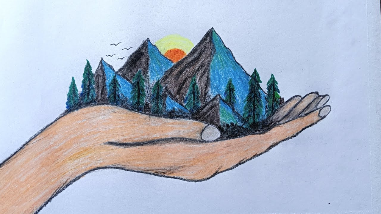 A drawing of a hand holding a mountain landscape for beginners - YouTube