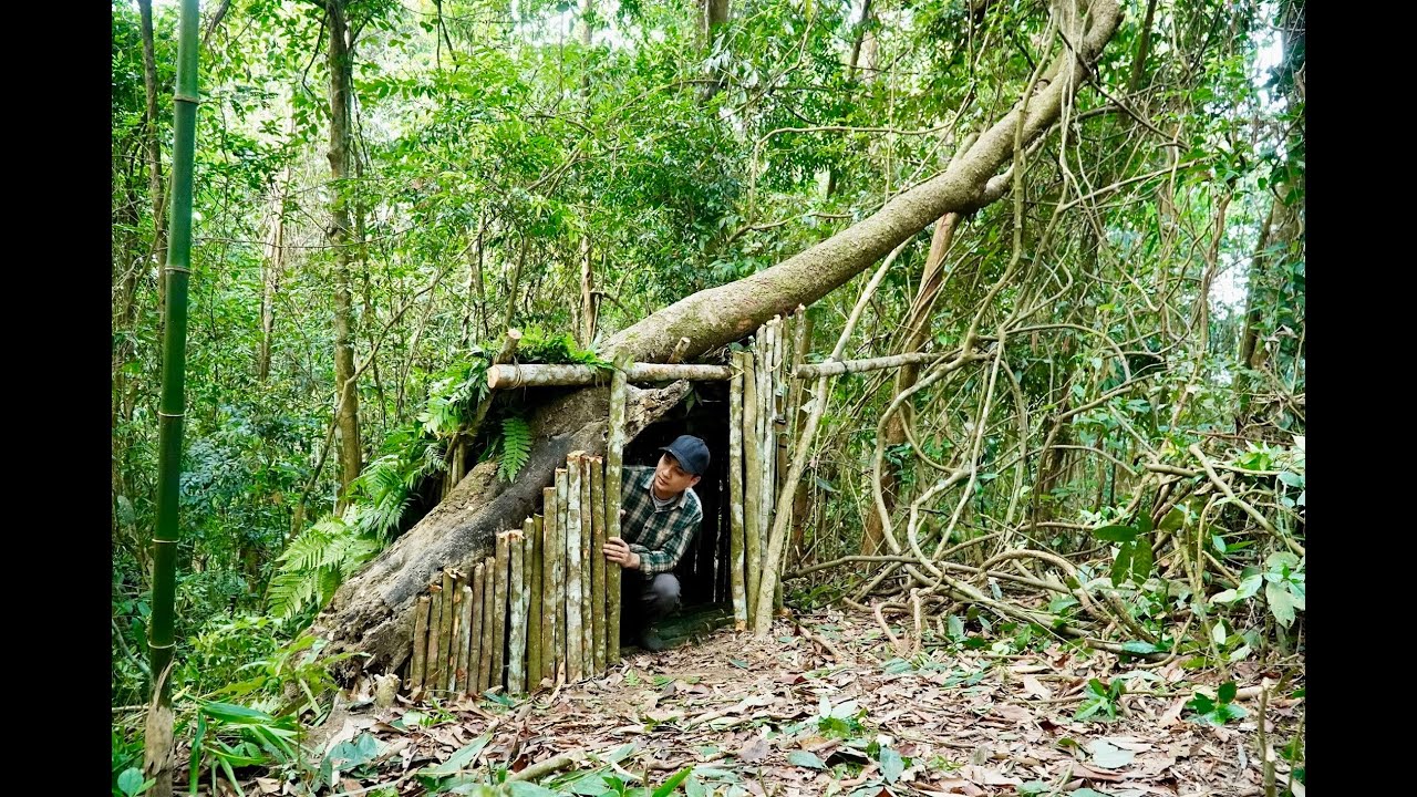 Building a Secret Shelter Under a Fallen Tree | Survival Skills in the ...