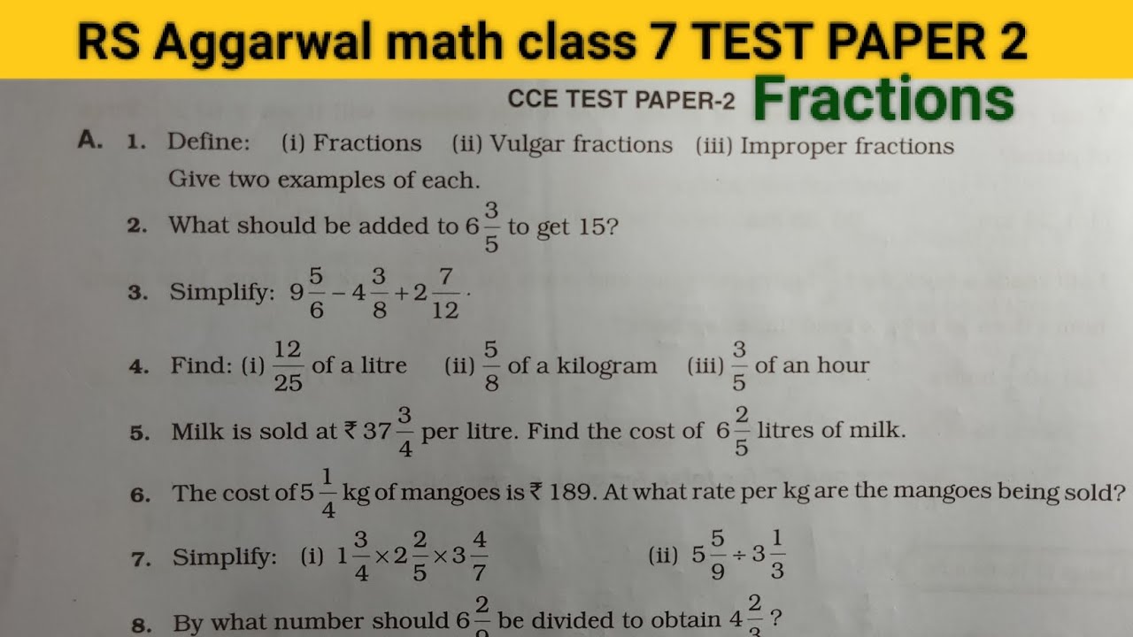 RS Aggarwal math class 7 TEST PAPER 2 ।। Class 7 TEST PAPER 2 RS ...