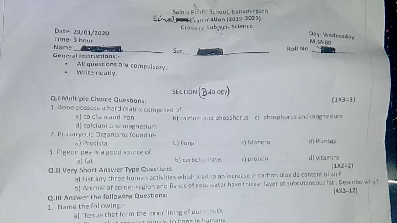 2020 class9th science final exam question paper - YouTube
