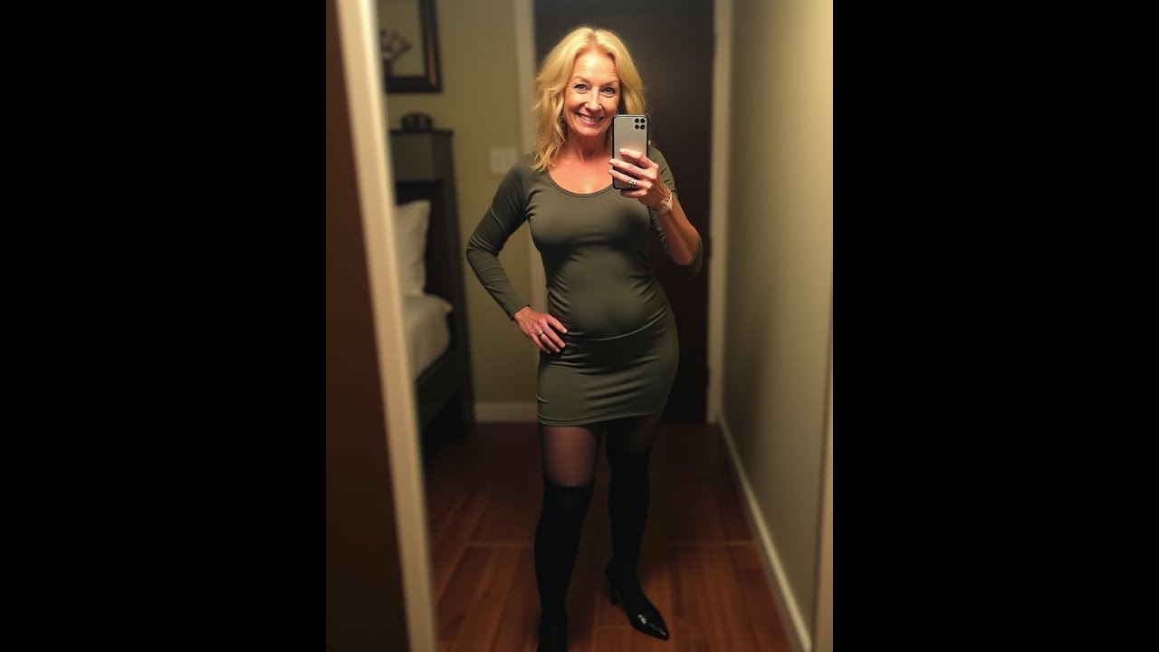 Beautiful Mature Woman Over 50 Selfie Poses In The Mirror And Black 7074