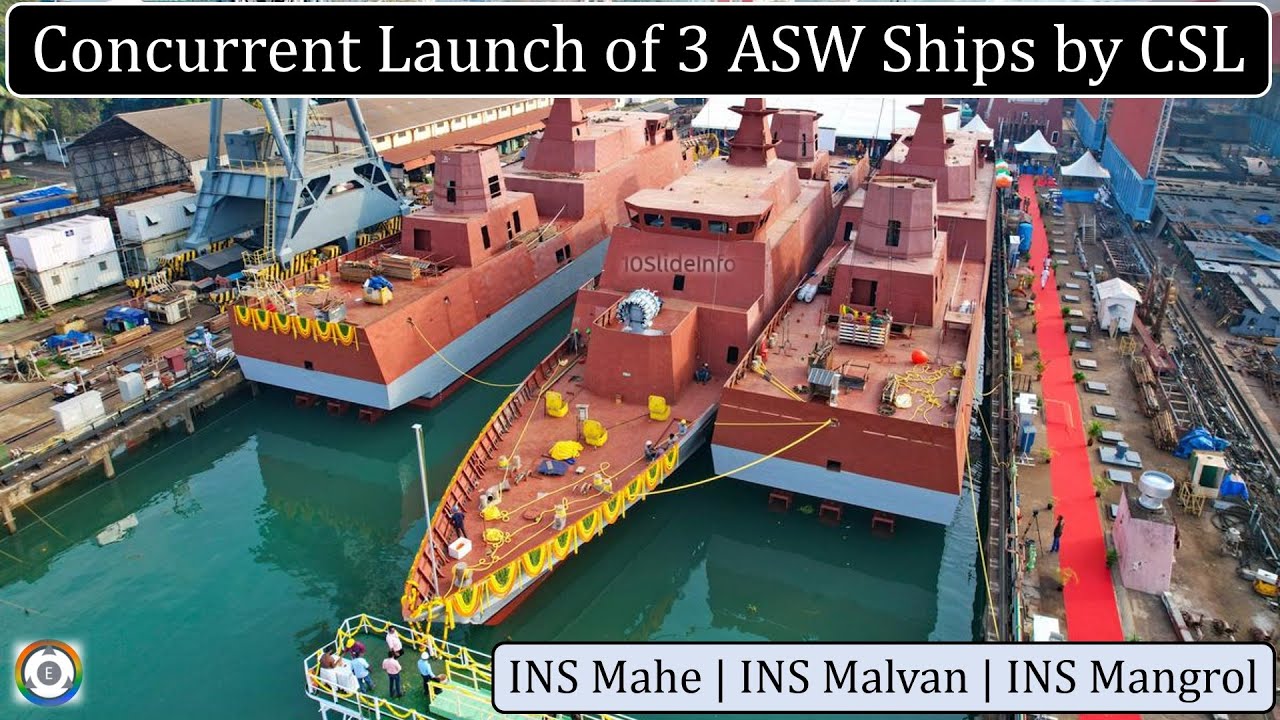 Concurrent Launch of 3 ASW Corvettes by Cochin Shipyard - YouTube