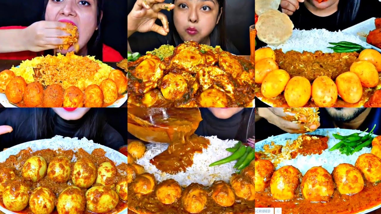 ASMR EATING SPICY EGG CURRY WITH RICE, CHICKEN LOLIPOP | BEST INDIAN ...