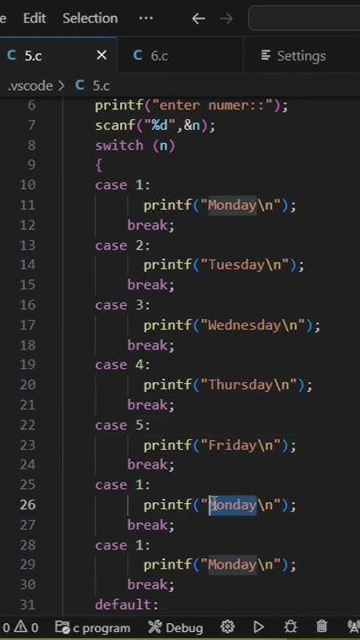 #7/50 c exercise (print week name)#coding #trending #shortvideos #ccode #viral #technology #asmr ...