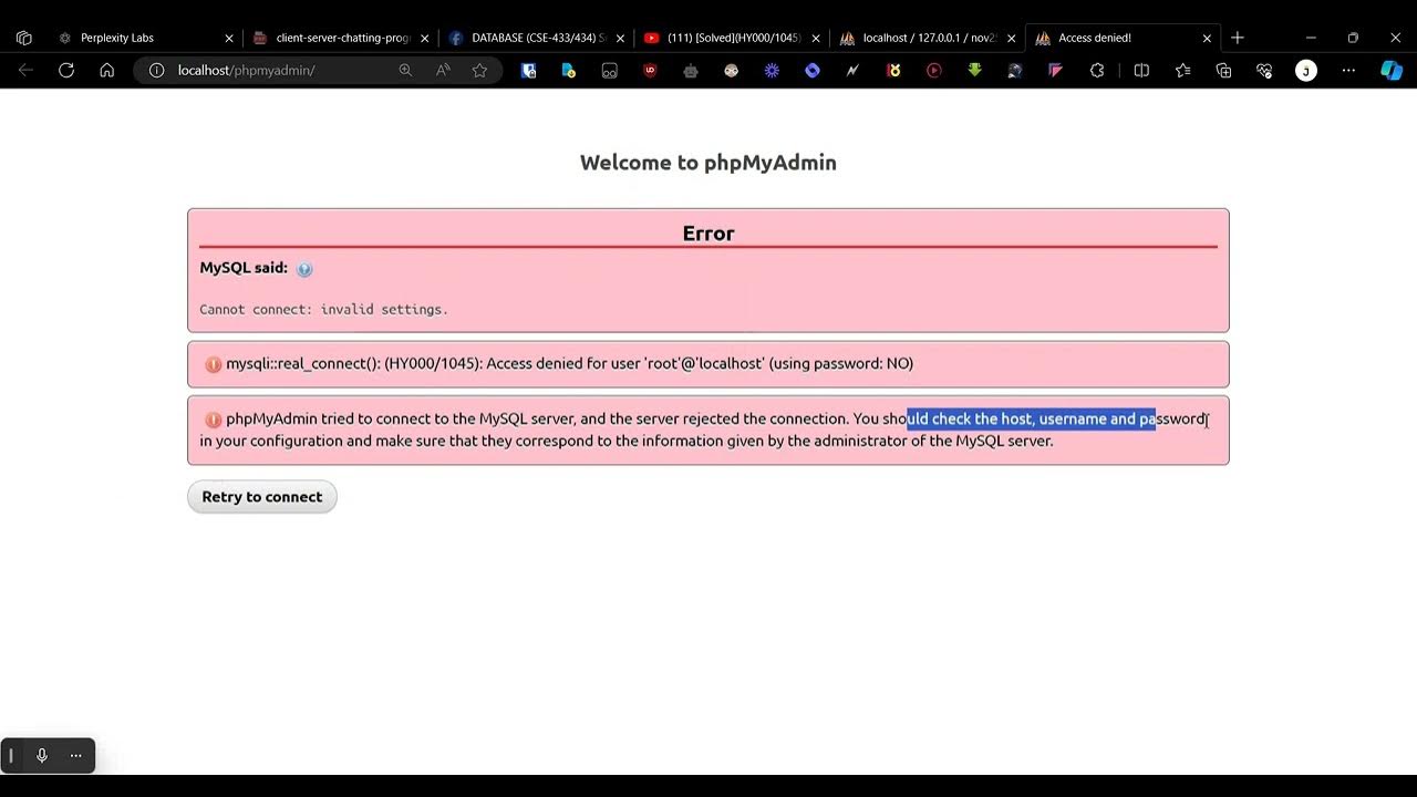 mysqli::real_connect(): (HY000/1045): Access denied for user 'root ...