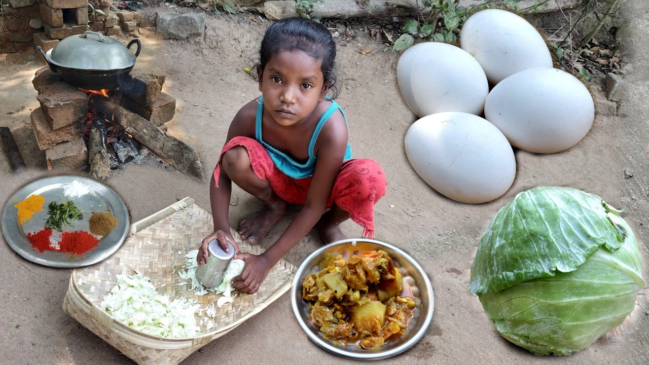 Egg with Cabbage Recipe Village style | Cooking by santali child ...