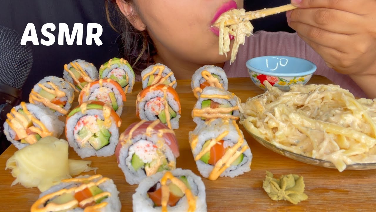 ASMR SUSHI PLATTER & CHICKEN ALFREDO CREAMY PASTA *EATING SOUNDS ...