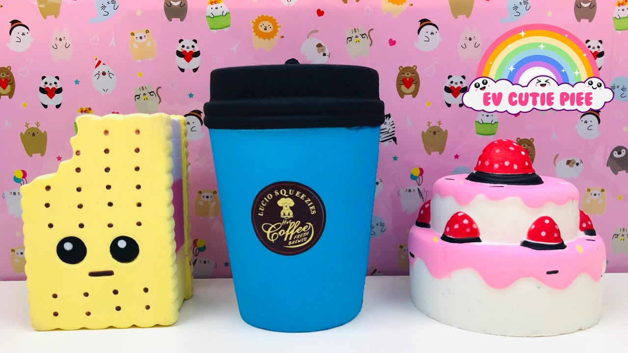 SQUISHY UNBOXING #1 Coffee Cup Squishy Strawberry Cake and Biscuit Ice ...