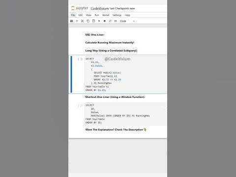 ⚡ SQL One-Liner: Calculate Running Maximum Instantly! #SQL #DataAnalytics #SQLShorts - YouTube