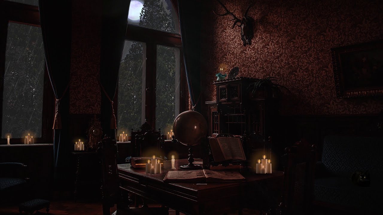 Old library ambience - Cosy atmosphere - Rain on window & thunderstorm ...