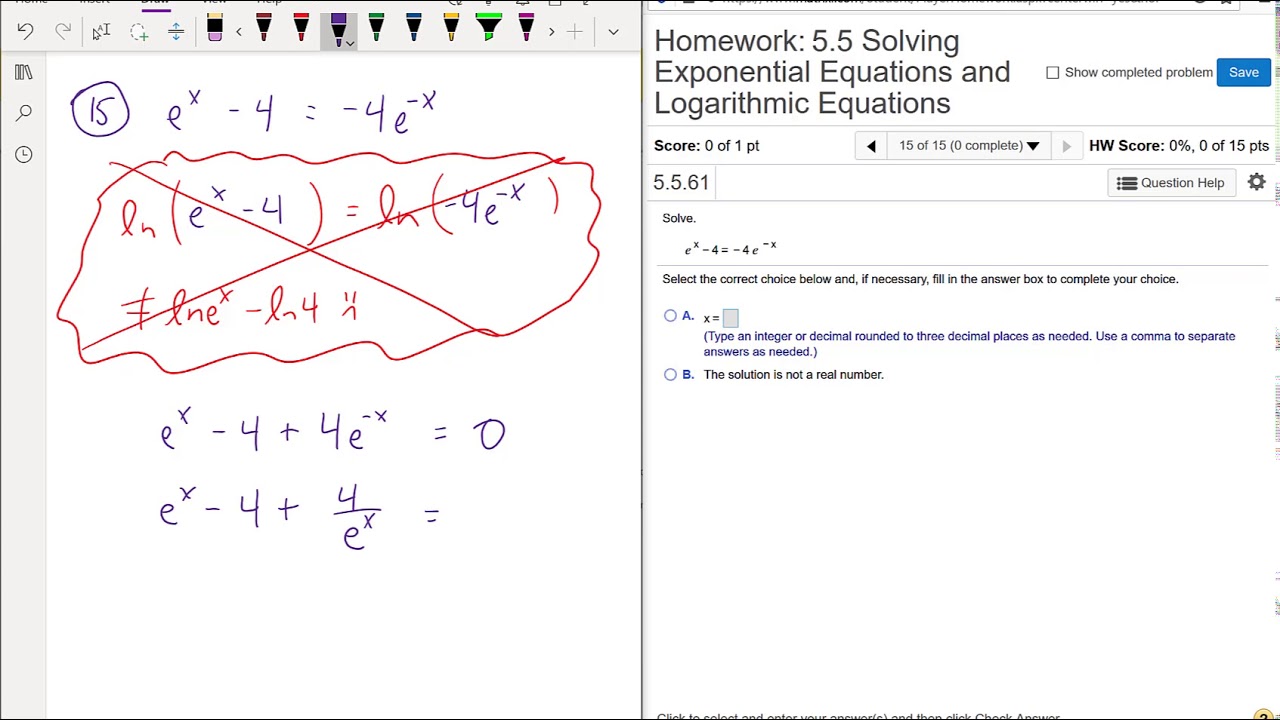 Solving e^x - 4 = -4e^-x (Solving Exponential and Log Equations Part 4 ...