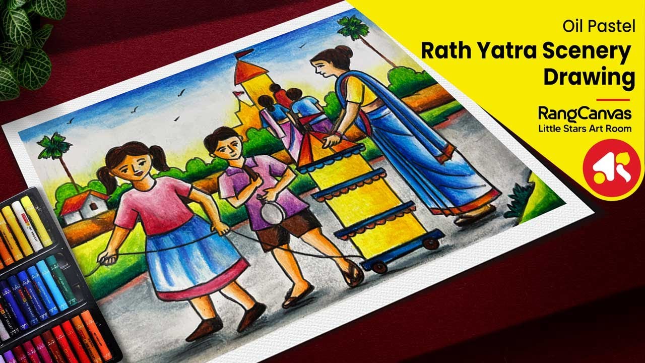Ratha Yatra Drawing with Oil pastel | Ratha Yatra Scenery drawing with ...