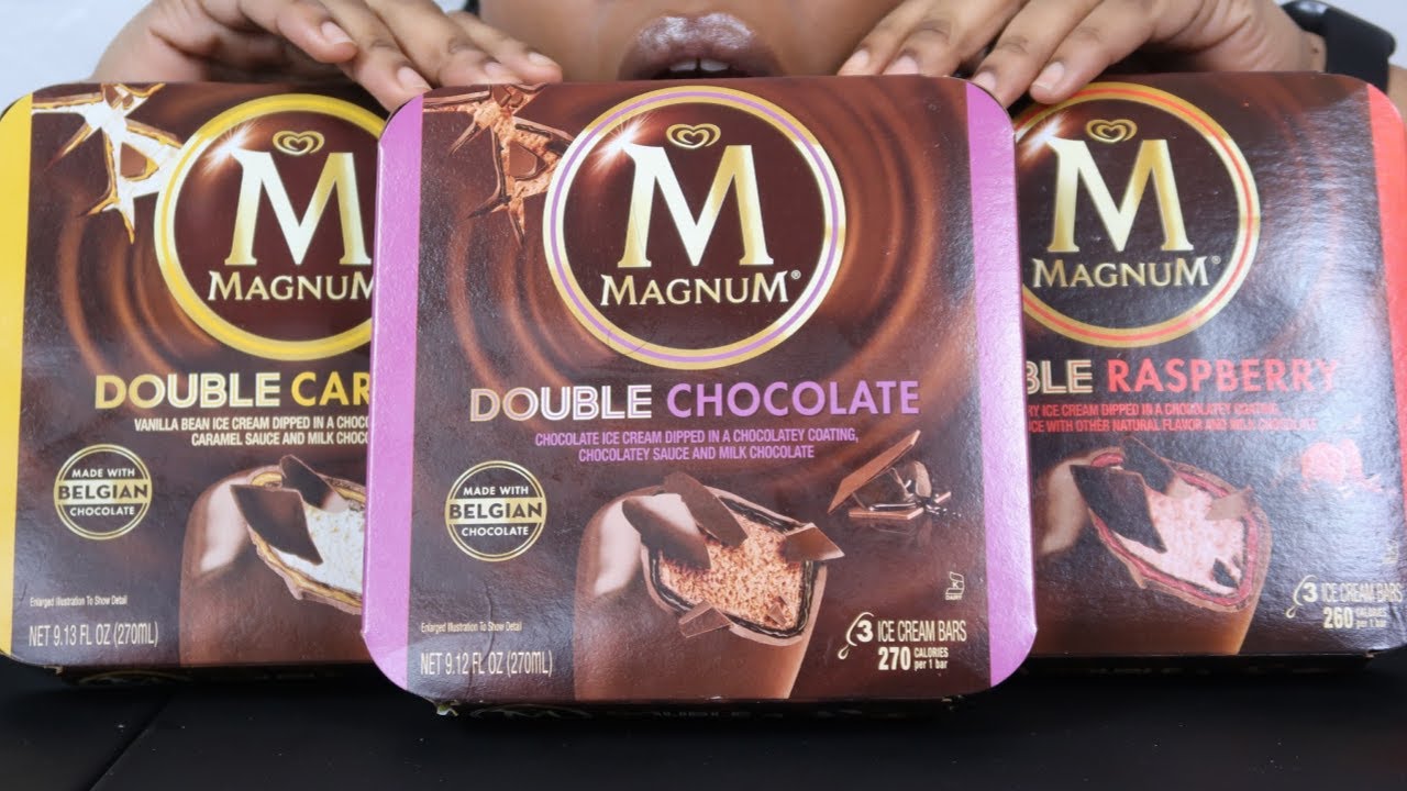 ASMR EATING MAGNUM ICE CREAM BARS(CARAMEL,RASPBERRY,& CHOCOLATE) - YouTube