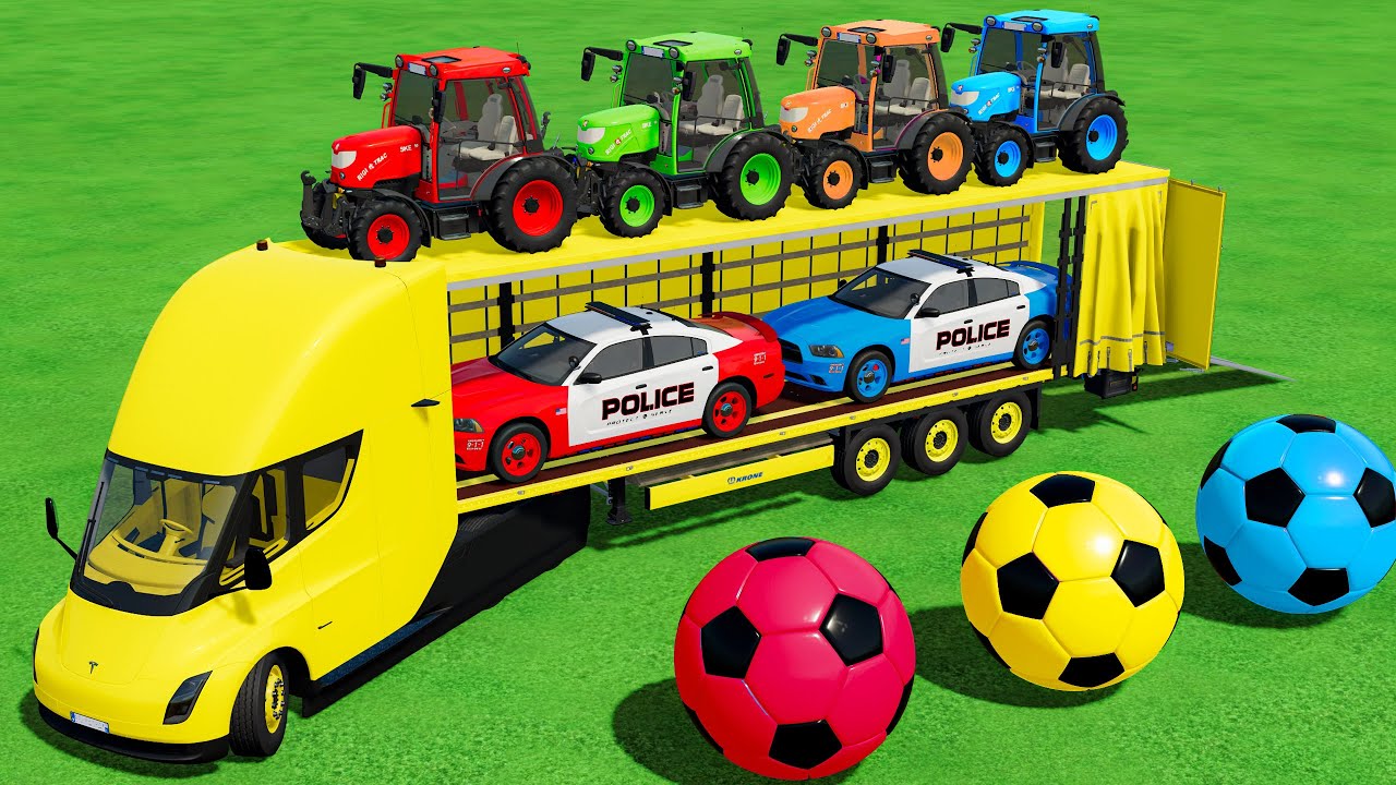 TRANSPORTING FIVE COLOR NEW HOLLAND TRACTOR, RIGITRAC, POLICE DODGE ...