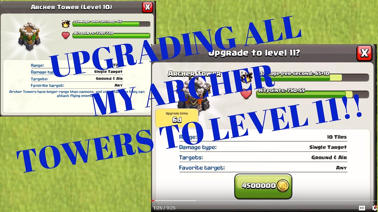 CLASH OF CLANS - UPGRADING MY ARCHER TOWERS TO LEVEL 11!! - YouTube