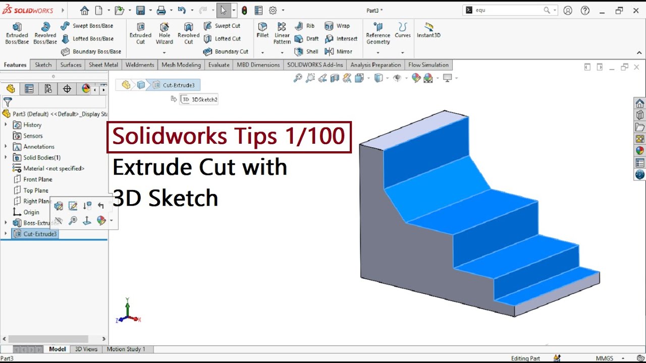 Solidworks tips 1/100 | Extrude cut with 3d sketch - YouTube