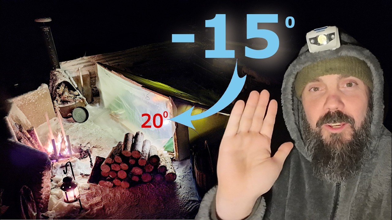 winter camping in insulation board lean to super shelter - YouTube