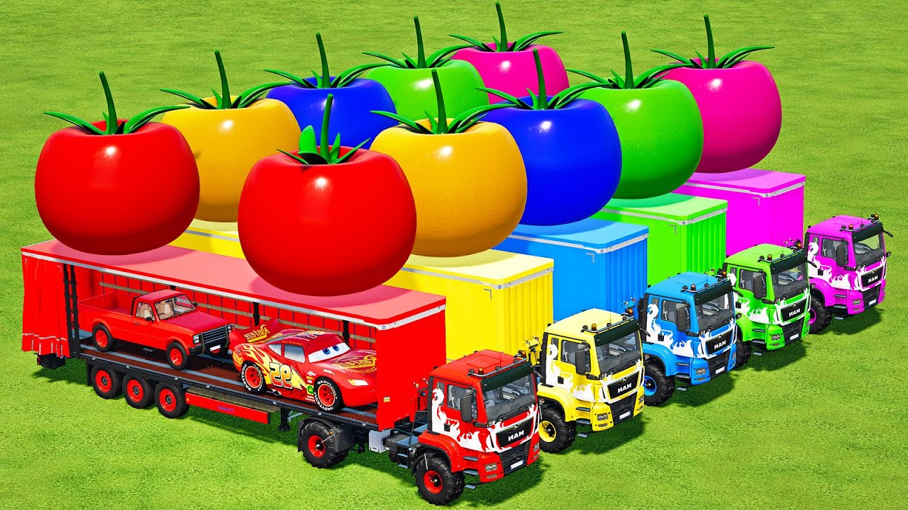 LOAD GIANT TOMATOES, DACIA PICKUP CARS & MCQUEEN CARS WITH MAN TRUCKS ...