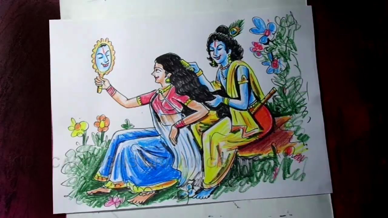 How to Draw Krishna Combing Radha's Hair Drawing - YouTube