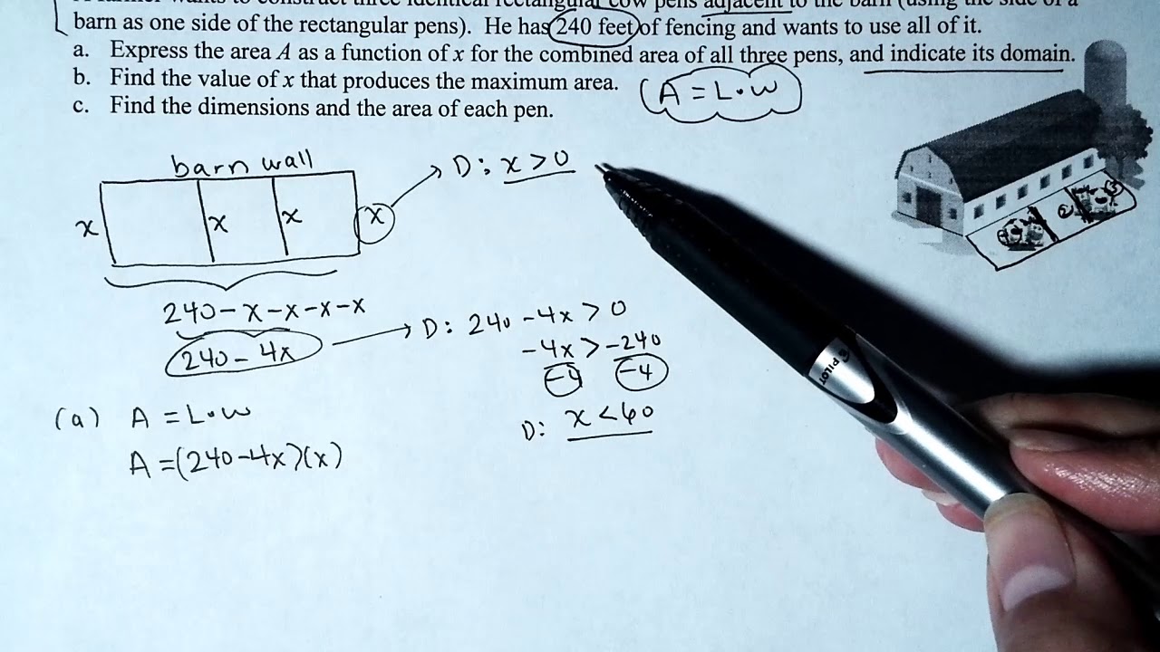 Applications Of Quadratic Functions Fence Against A Wall Problem YouTube Applications Of Quadratic Functions Fence Against A Wall Problem YouTube