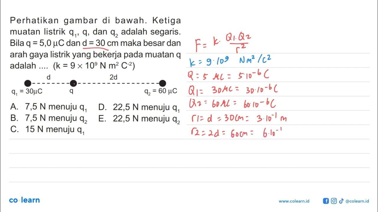 Perhatikan gambar di bawah. Ketiga muatan listrik q1, q, dan q2 adalah ...
