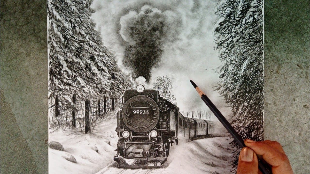 Winter season landscape steam train drawing by pencil// Train drawing ...