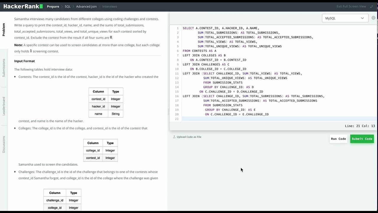 Hackerrank Sql Solution 13 Intermediate Sql Interviews Youtube