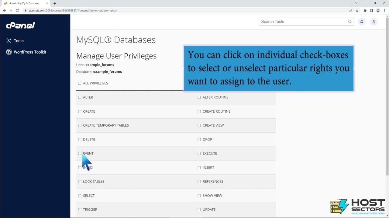 How To Add A User To A Database And Add Privileges With Hostsectors Youtube