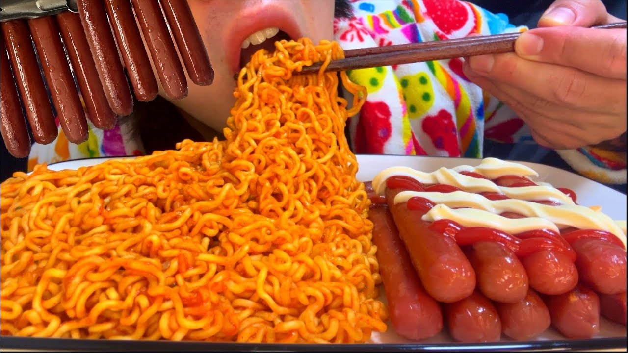 EATING spicy buldak noodles & sausage ASMR MUKBANG - YouTube