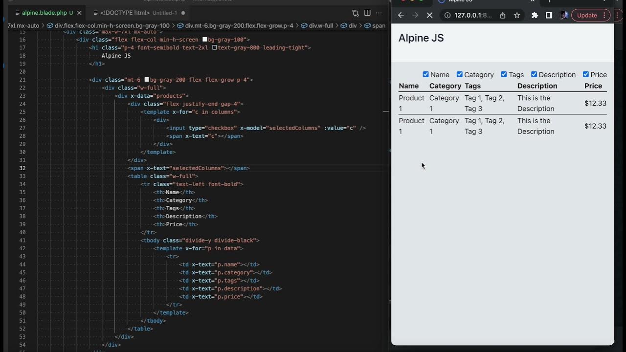 Hide Table Columns using Alpine Js - YouTube