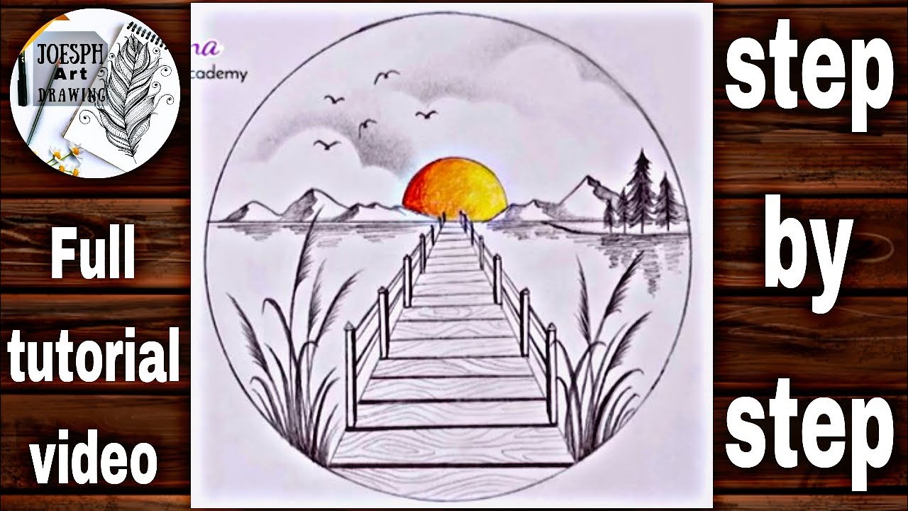 How to draw scenery of Sunrise over the mountains - step by step ...
