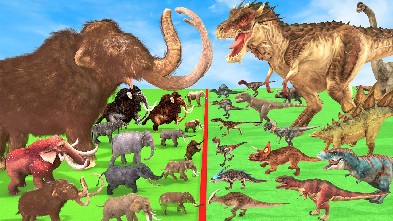 10 Mammoth Elephant vs 10 Giant Dinosaur Animal Epic Battle Prehistoric ...