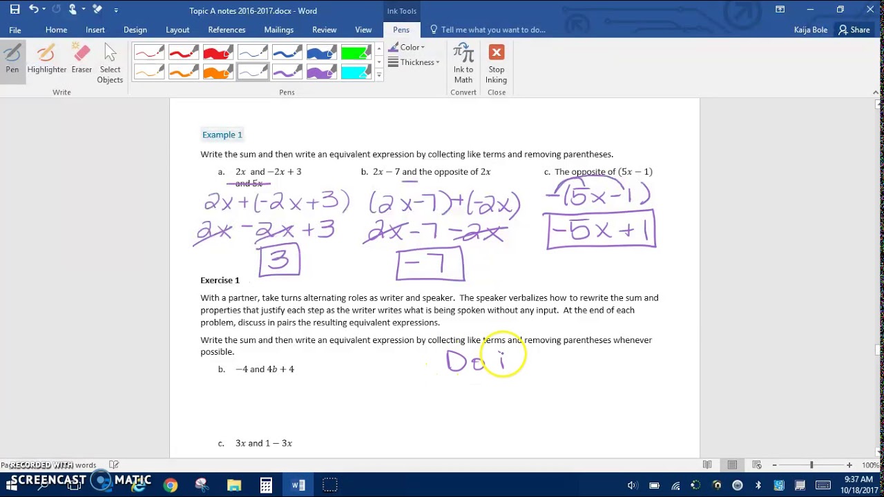 3.5 Using the Identity and Inverse to Write Equivalent Expressions ...
