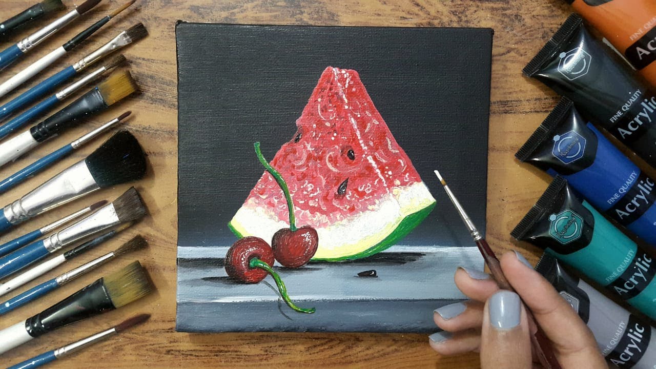 Painting Fruit | Acrylic Painting Technique | Drawing a Watermelon ...