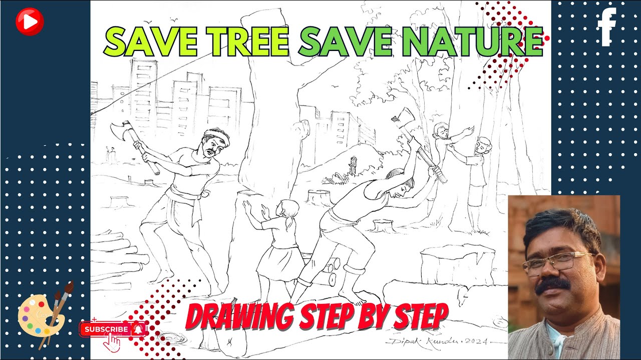 Save Tree Drawing | Save Tree Drawing Step By Step | How to draw Save ...