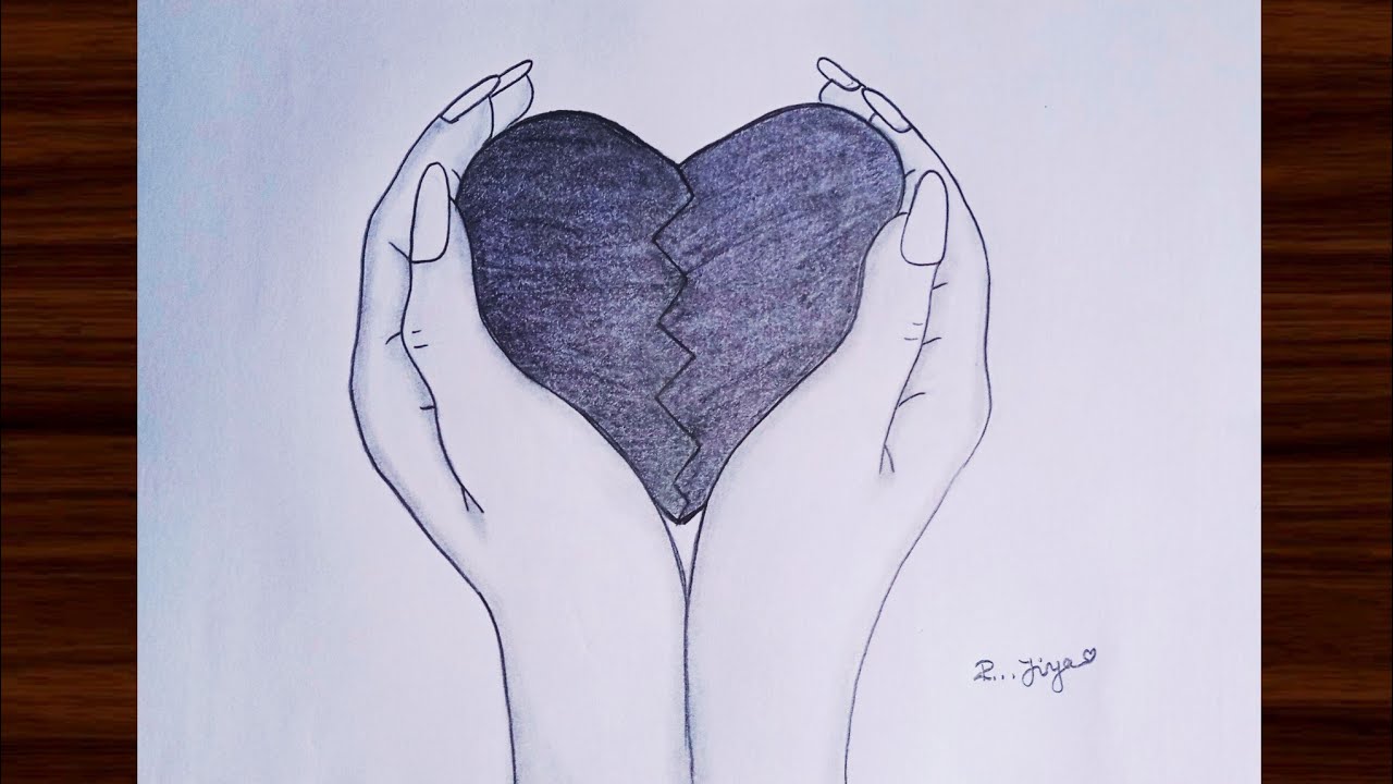 How to draw broken heart in hands | Hands holding broken heart pencil ...