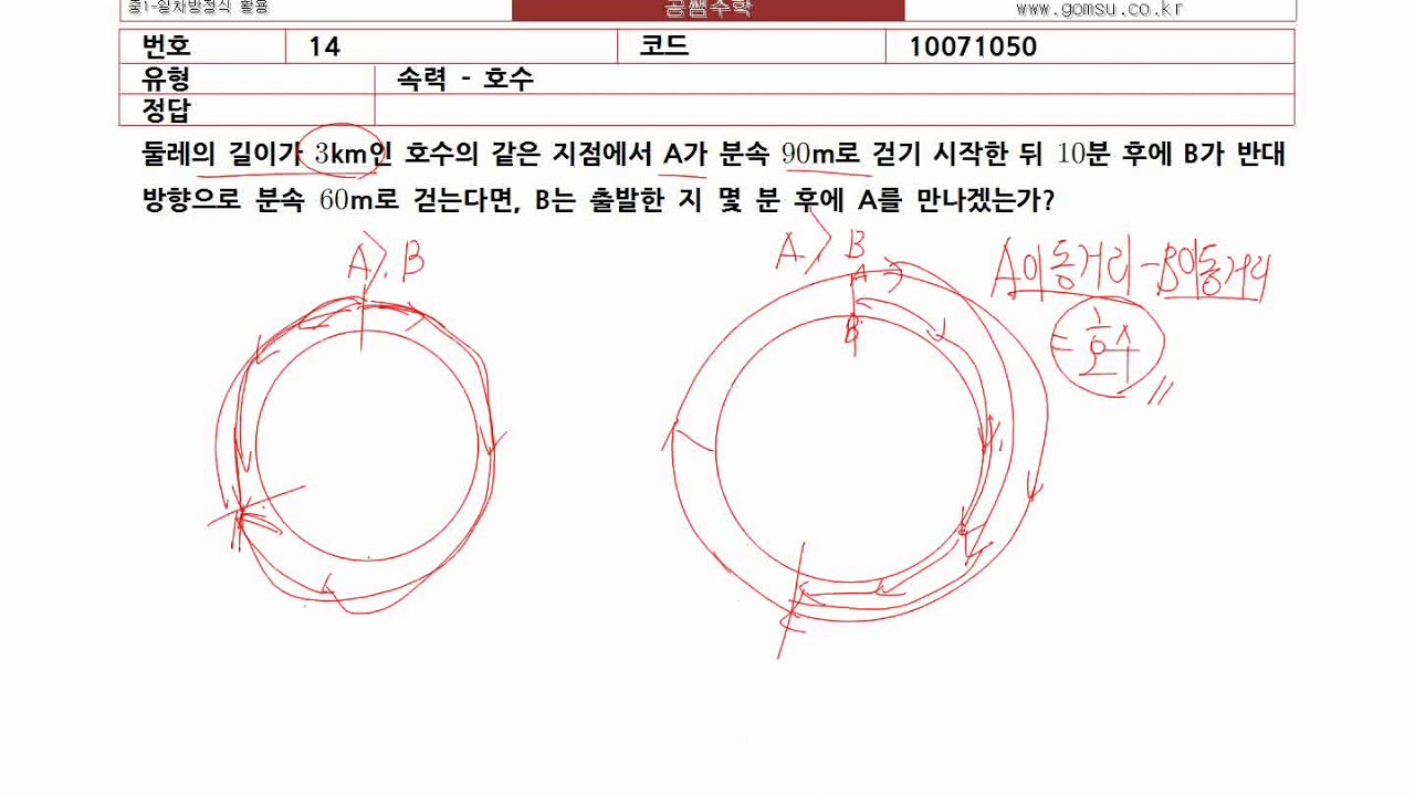 10071050 호수 돌기 속력문제 중1수학 1학기—일차방정식홀용 Gomsu 무료수학인강 유형별 문제풀이 곰쌤수학 Youtube