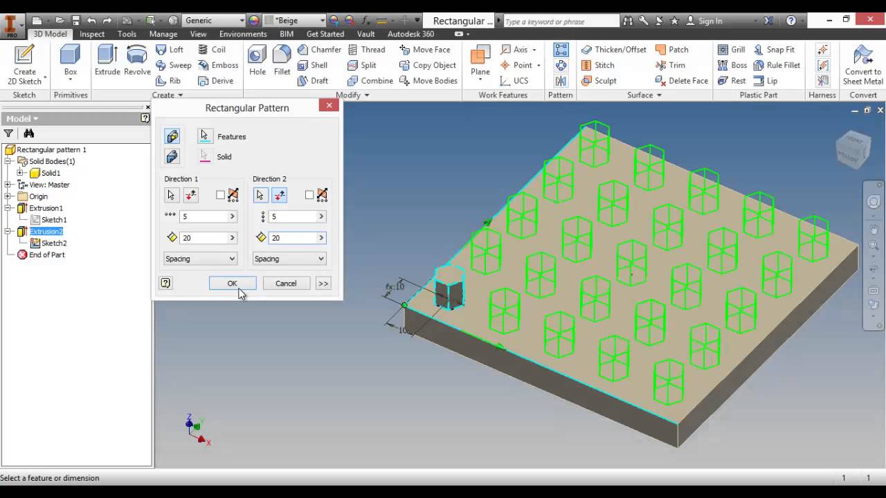 Autodesk Invetor สอน Pattern Feature 1 Rectangular pattern 1 - YouTube