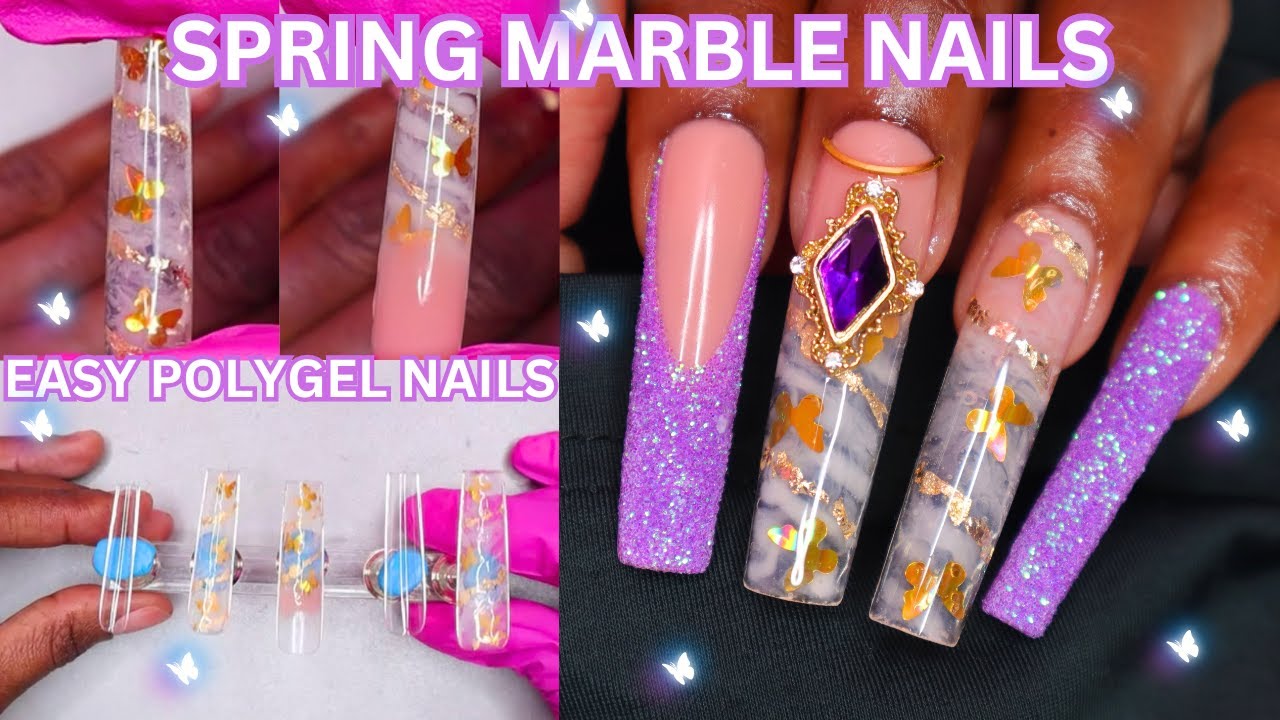 SPRING MARBLE POLYGEL NAILS | HOW TO ENCAPSULATE NAIL FOILS & GLITTERS ...