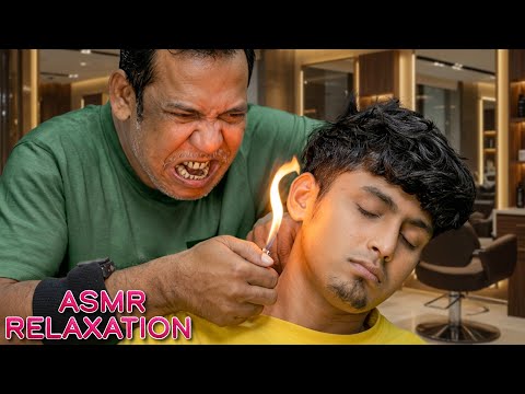 Satisfying! Oil Massage,Fire Ear Massage & Shampoo Sleep ASMR | Head Massage & Ear Massage By ASIM 