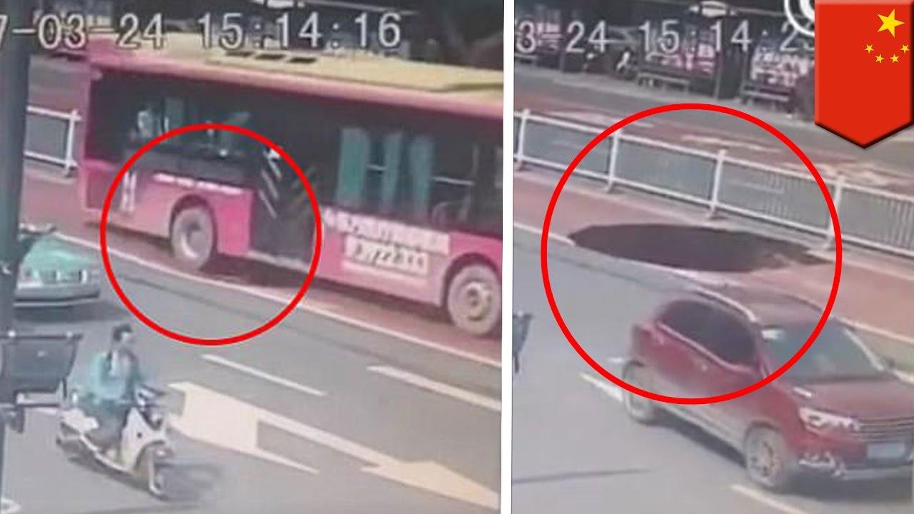 Sinkhole caught on tape: Bus in China nearly swallowed by giant ...