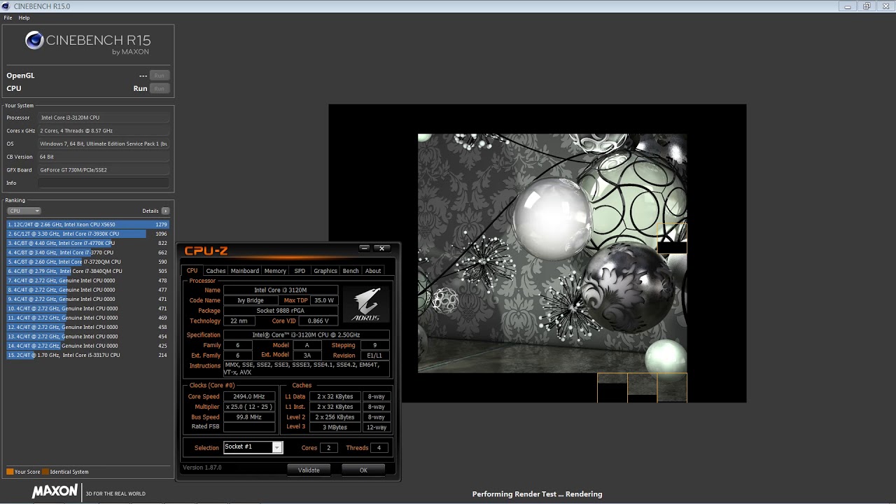 Testing Intel core I3 3120m 2.5 GHz mobile processor in CINEBENCH R15 ...