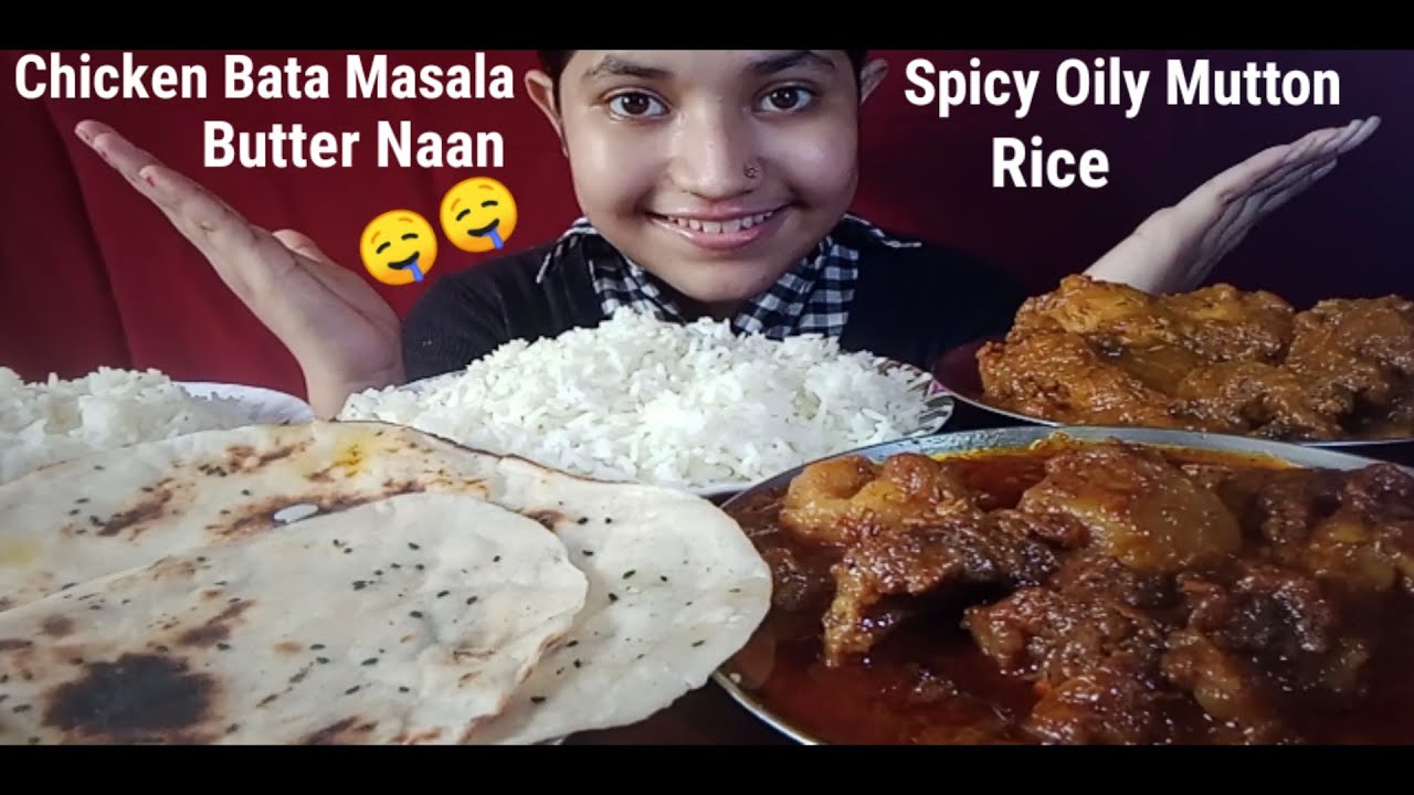 Eating Chicken Bata Masala | Spicy Mutton Curry | Butter Naan | Rice ...