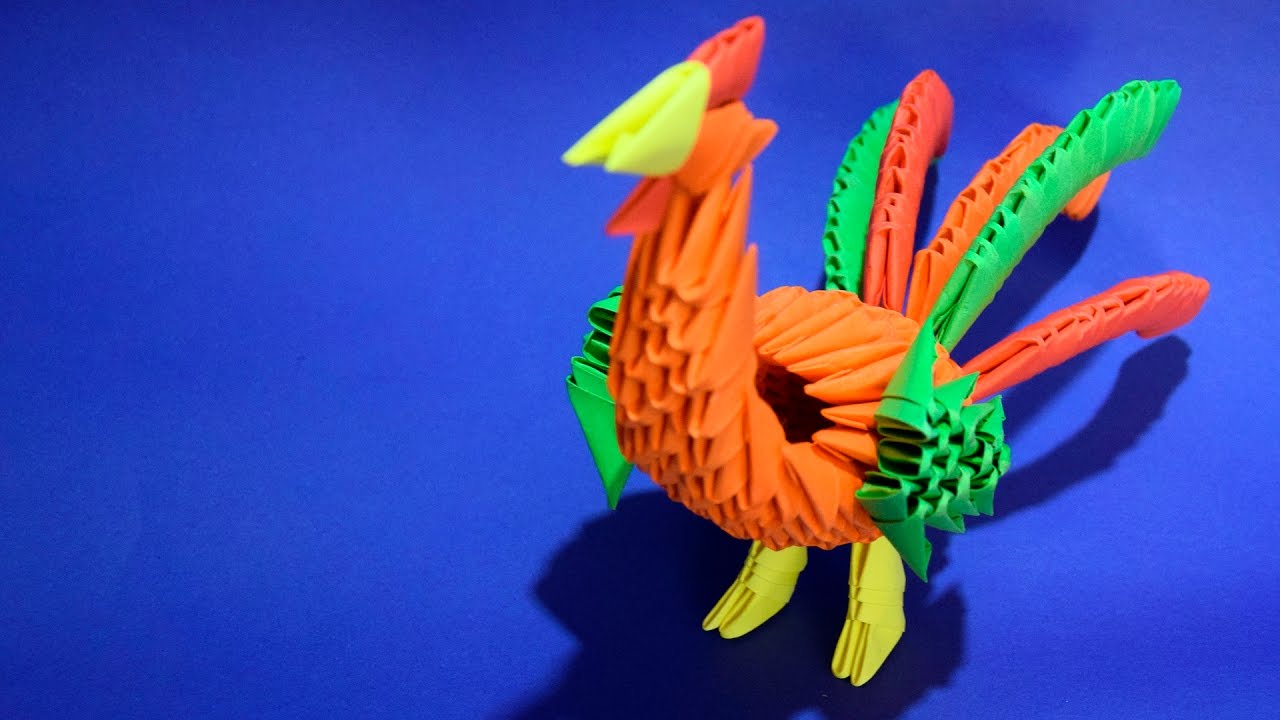 3D origami paper rooster bird cock tutorial - YouTube