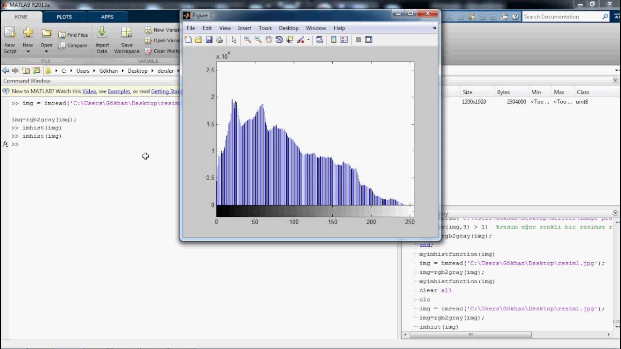 Matlab ile görüntü işleme - kendi imhist fonksiyonum(myimhist function) - YouTube