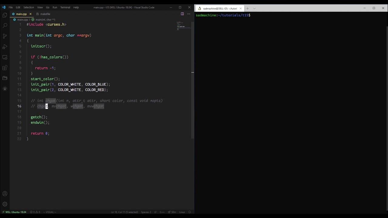 Ncurses Tutorial 15 - Changing Attributes with chgat - YouTube
