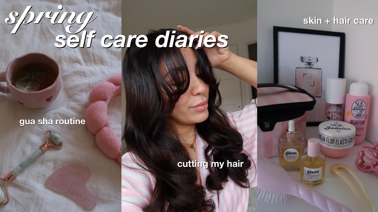 spring self care diaries 🌸 cutting my bangs at home, new skin care, bouncy hair blow out 🎀 - YouTube